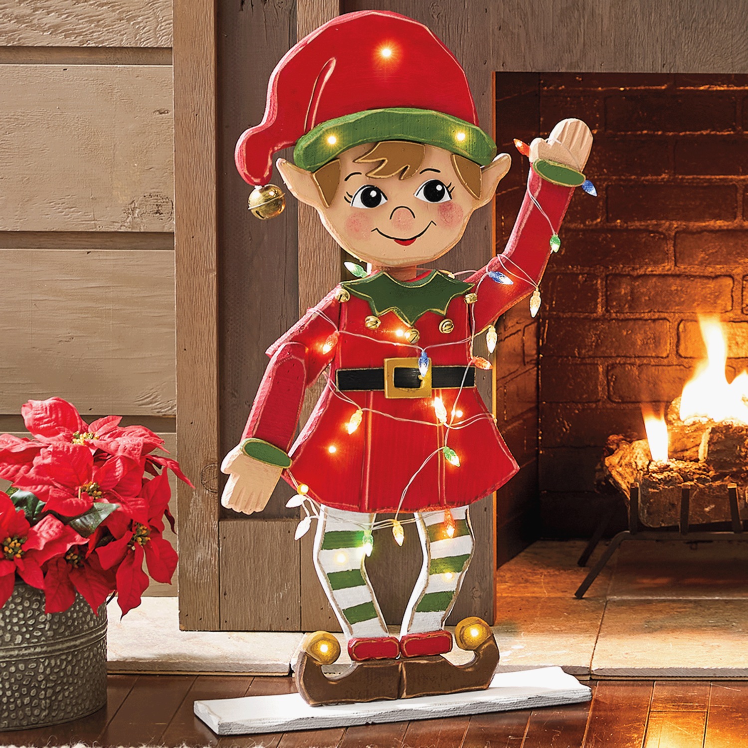 Chunky Wood Cutouts Lit Elf | Ginny's