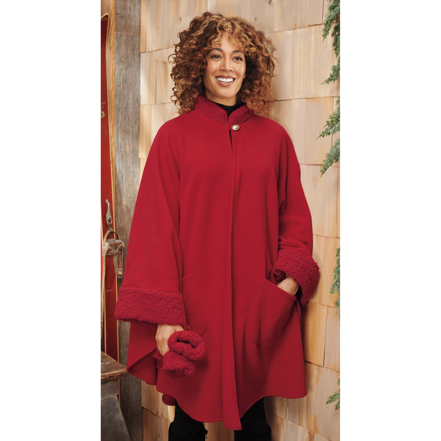 Sherpa-Trimmed Fleece Cape with Gloves | Ginny's